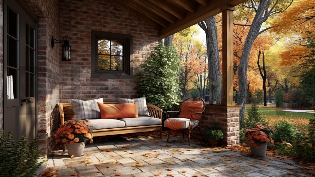 English Cottage Style Fall Virtual Background, Patio Backdrop ...