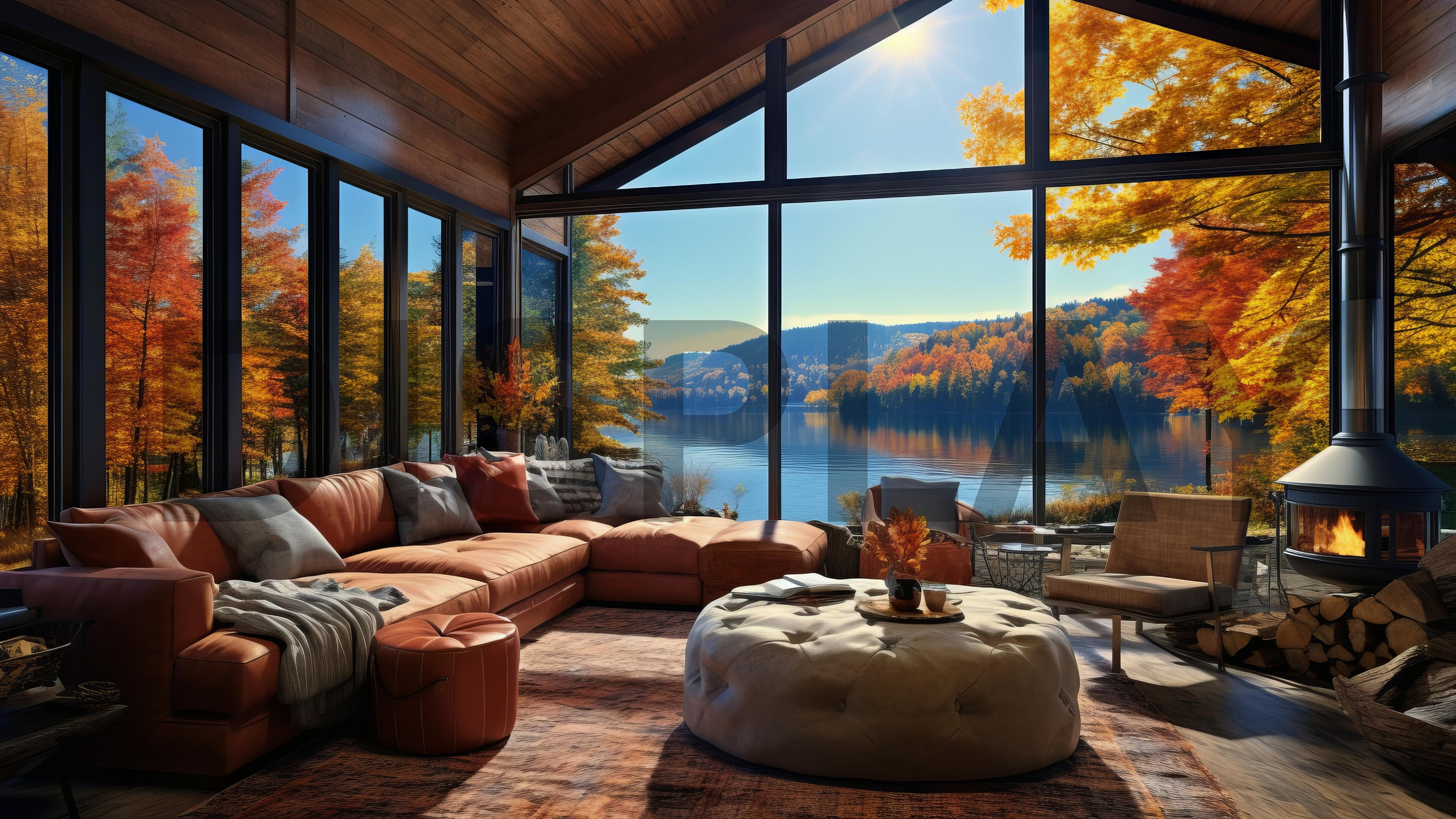Autumn Rustic Modern Cabin Virtual Background, Mountain Color Backdrop ...