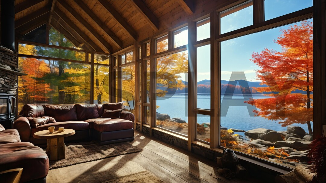 Autumn Rustic Modern Cabin Virtual Background, Lake Color Backdrop ...