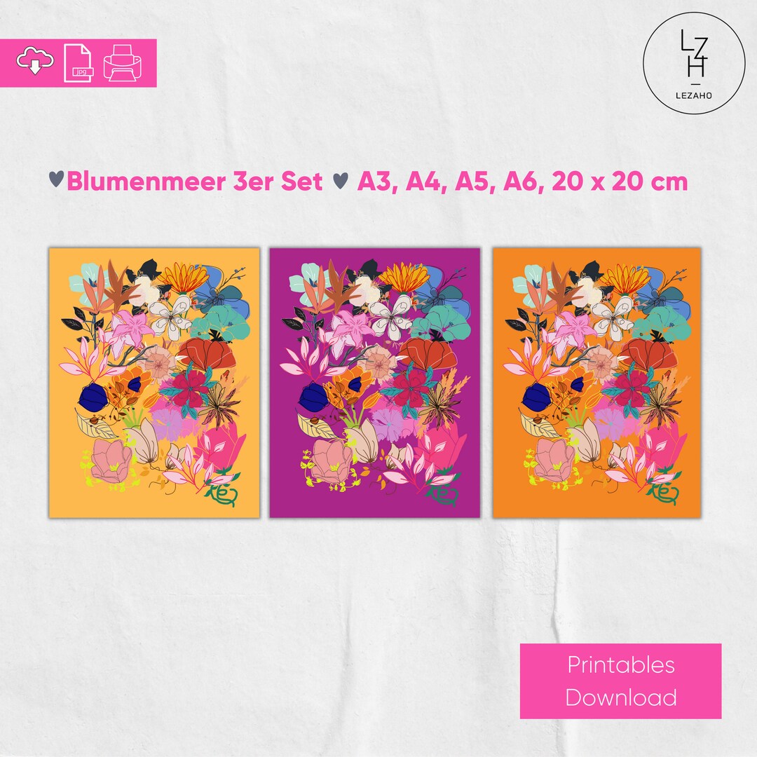 3 Greeting Cards Flower Design for Self-printing - Floral Illustration ...