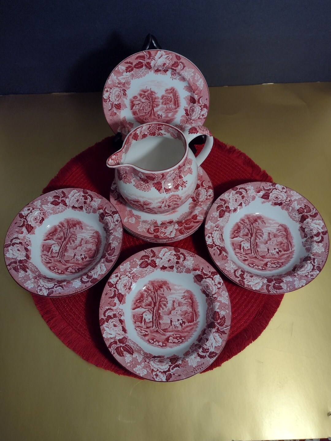 10 Pc's - Enoch Woods - "english Scenery" Red - Pitcher, 3 Bowls, 6 ...