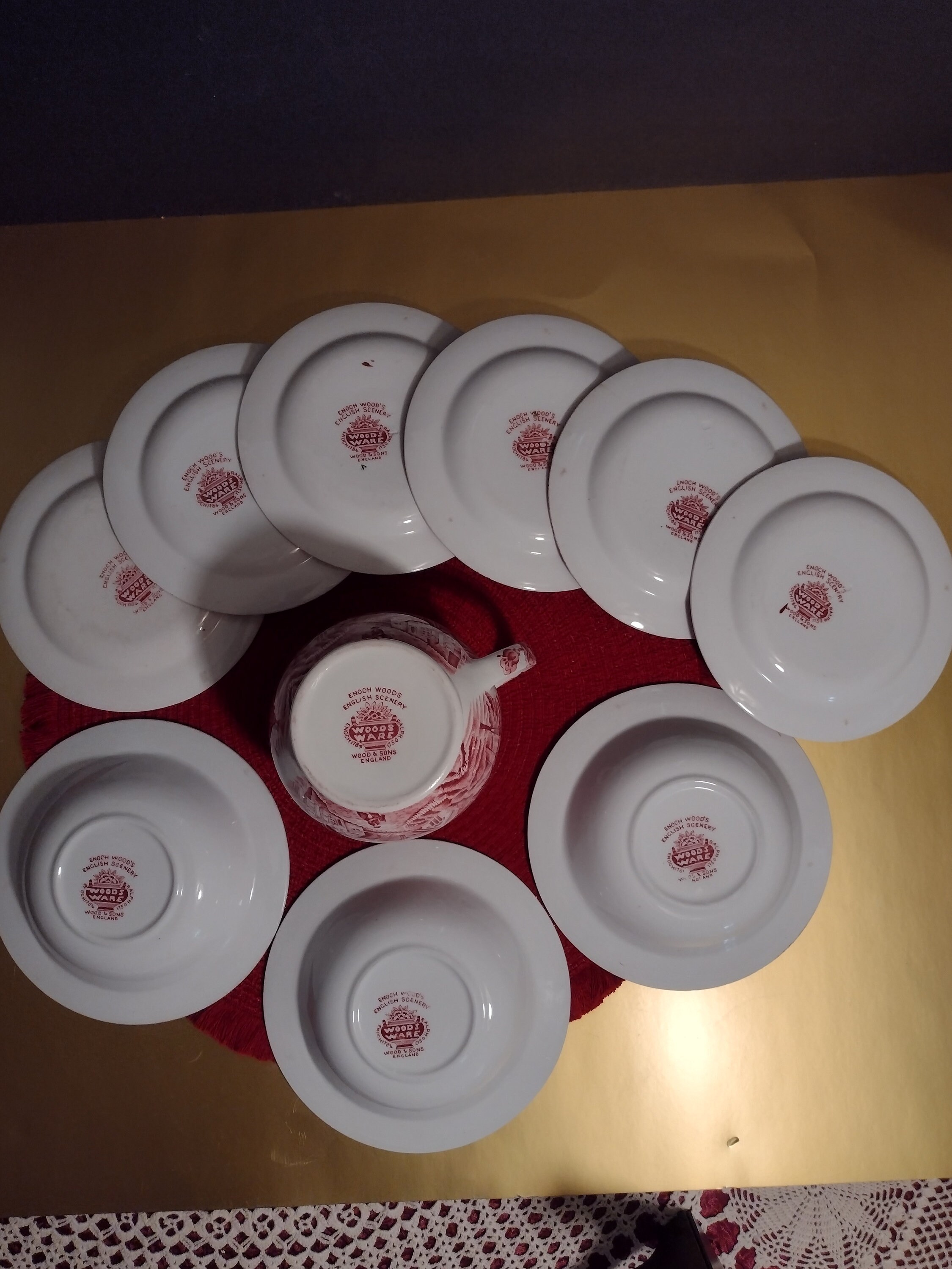 10 Pc's - Enoch Woods - "english Scenery" Red - Pitcher, 3 Bowls, 6 ...