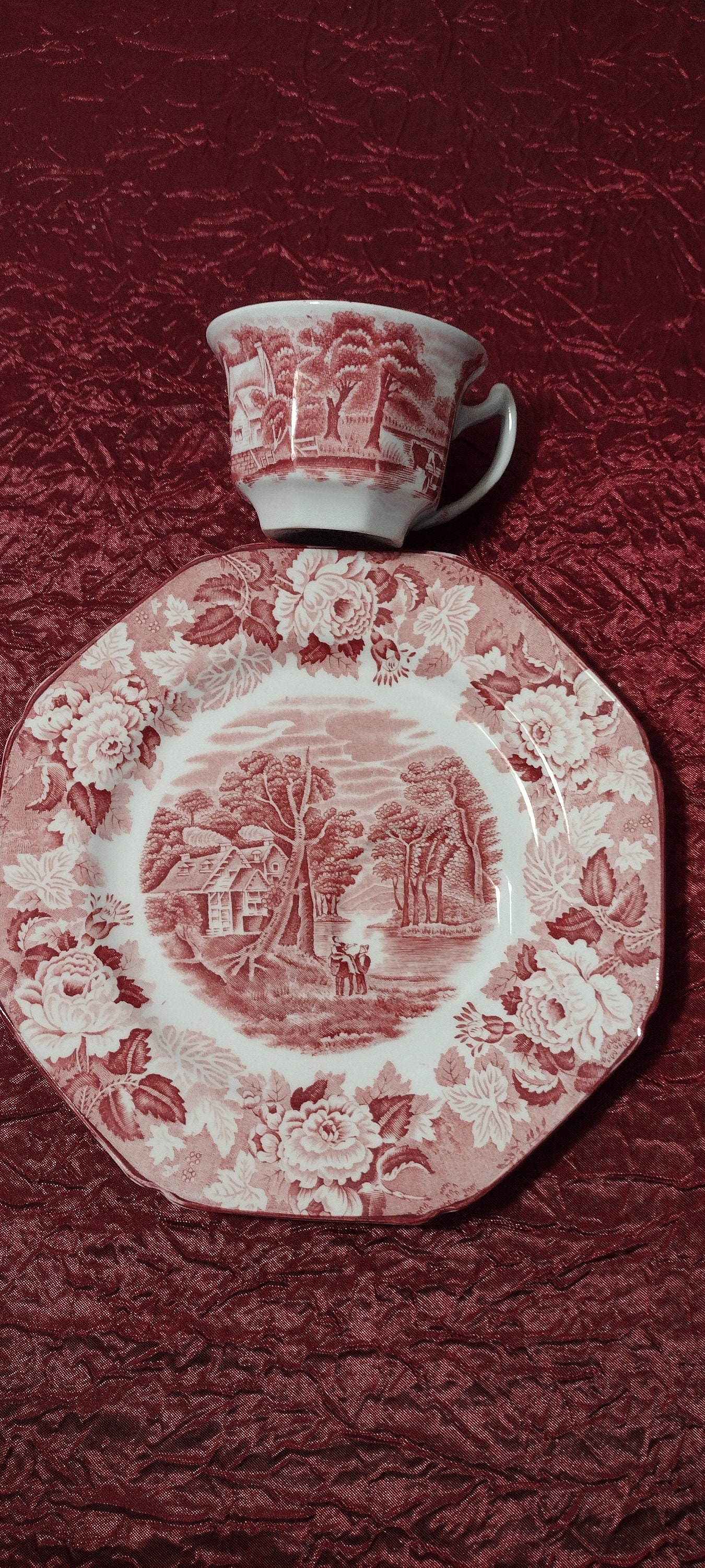 6 Enoch Woods & Sons english Scenery Red Rare octagonal Snack Plates ...