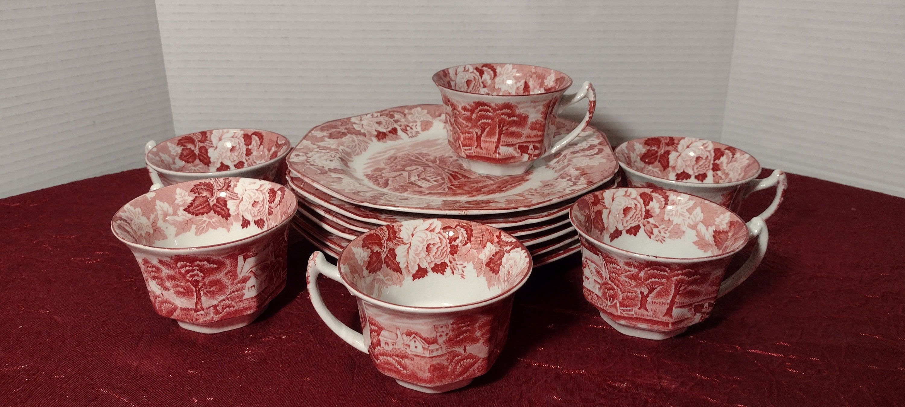 6 Enoch Woods & Sons english Scenery Red Rare octagonal Snack Plates ...