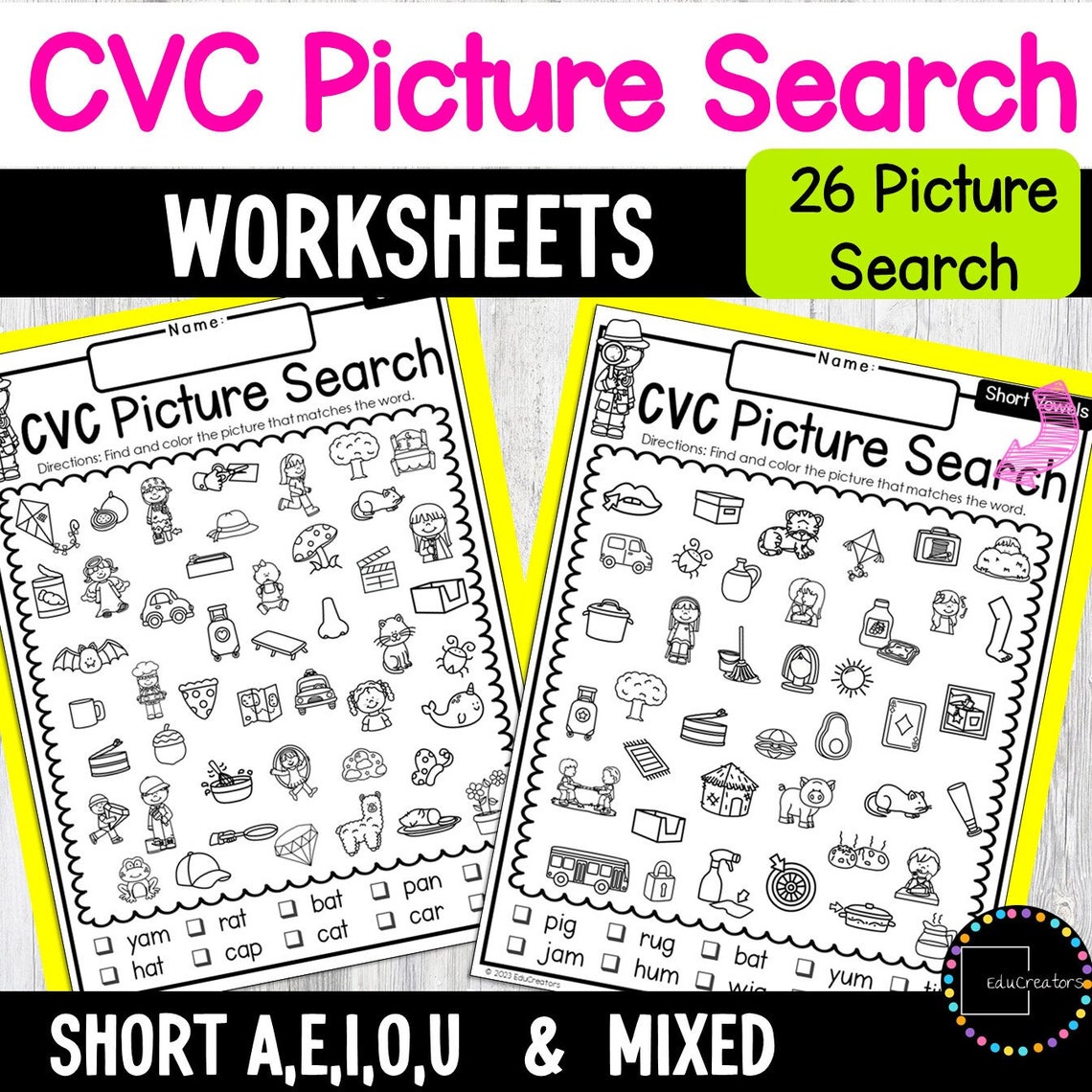 CVC Phonics Picture Search I Spy Read and Find Worksheet Puzzles - Etsy