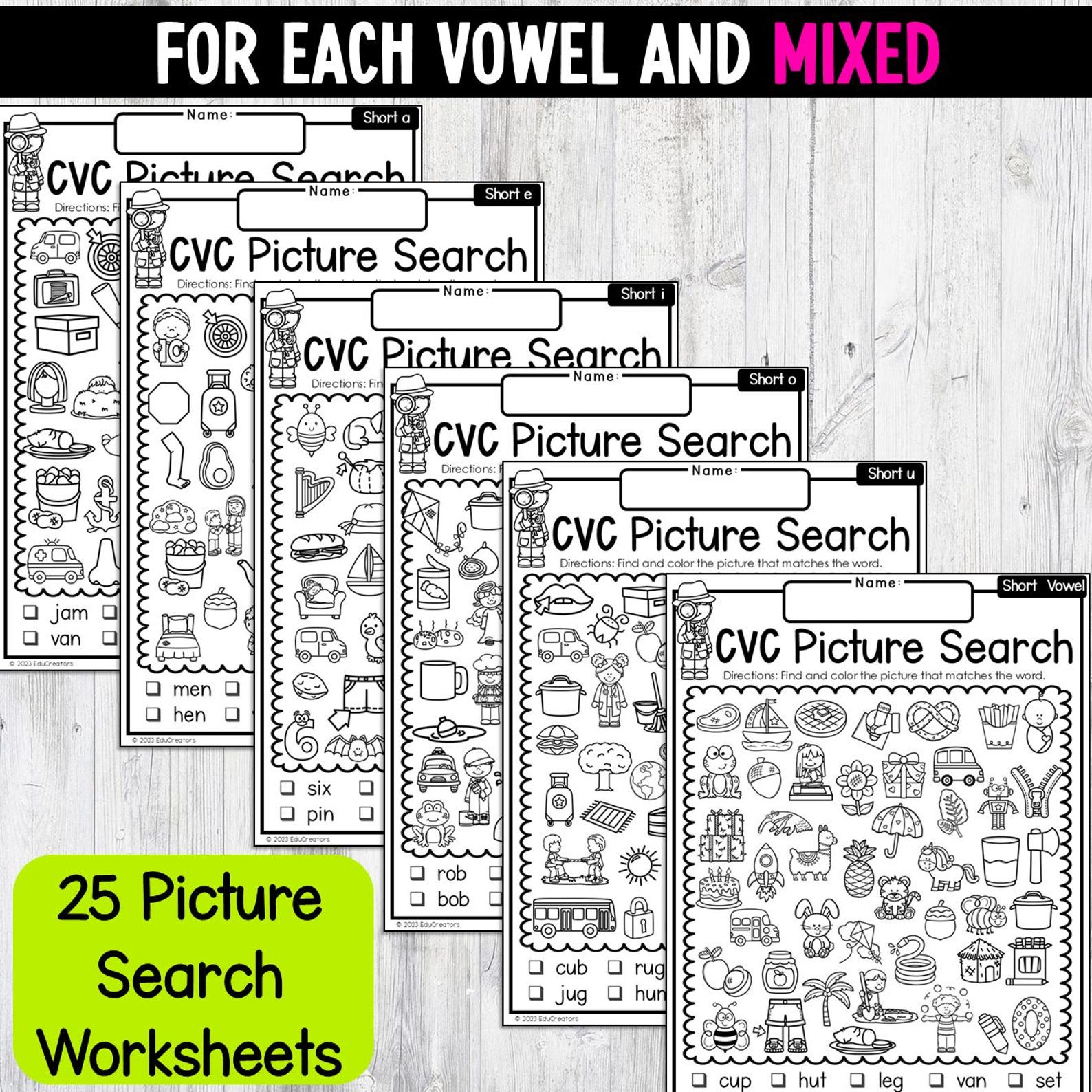 I Spy CVC Phonics Picture Search Worksheets: Read, Find & Color ...