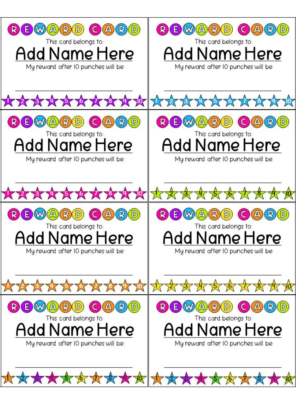 Printable Colorful Punch Cards, Incentive Reward Cards for Students ...