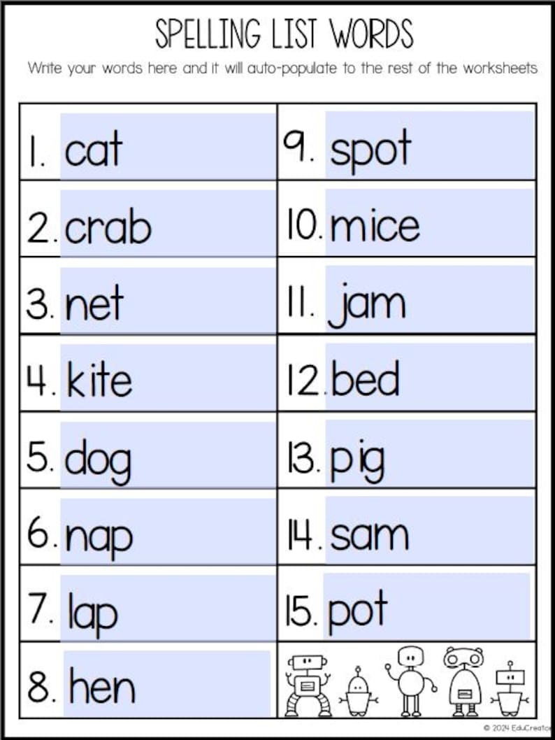 Editable Spelling Practice Worksheets, Auto-fill Word Lists (digital ...