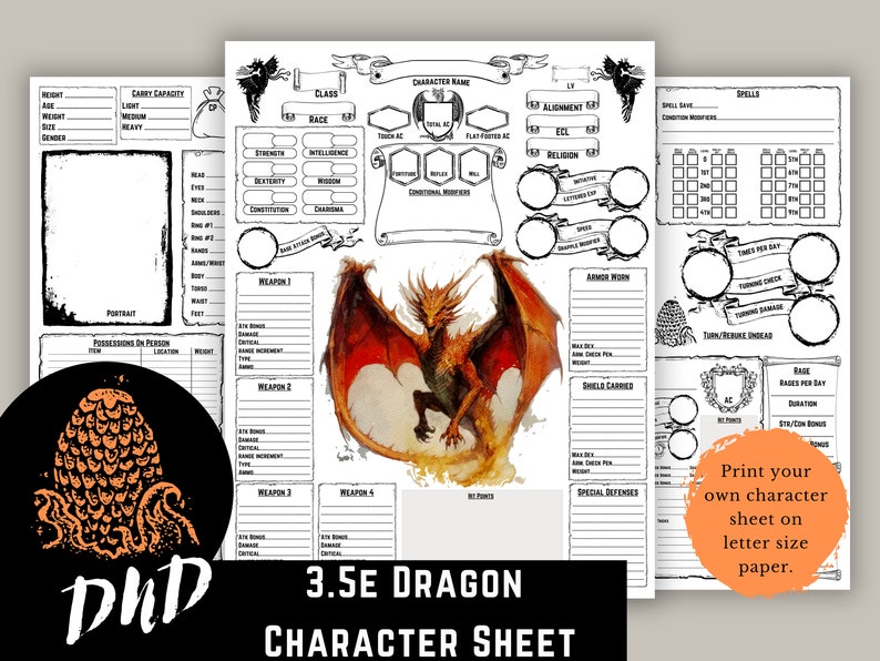3.5e Dragon DND Character Sheet: Premium, Handcrafted Adventure Ledger ...