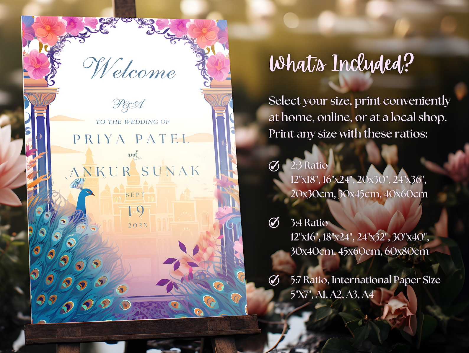 Indian Wedding Sign | Floral Patterns, Majestic Peacocks, Desi Welcome ...