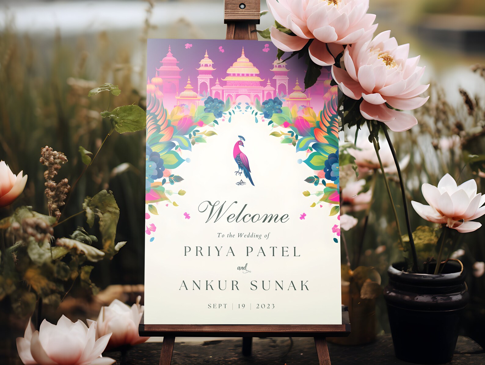 Indian Wedding Sign Majestic Peacocks & Floral Hindu Building ...