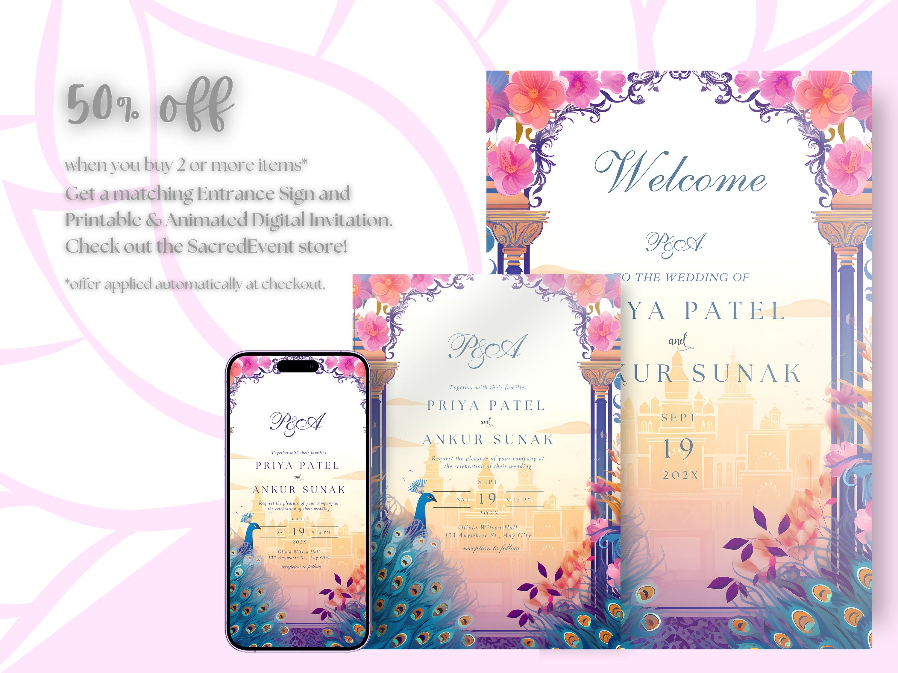 Indian Wedding Sign | Floral Patterns, Majestic Peacocks, Desi Welcome ...