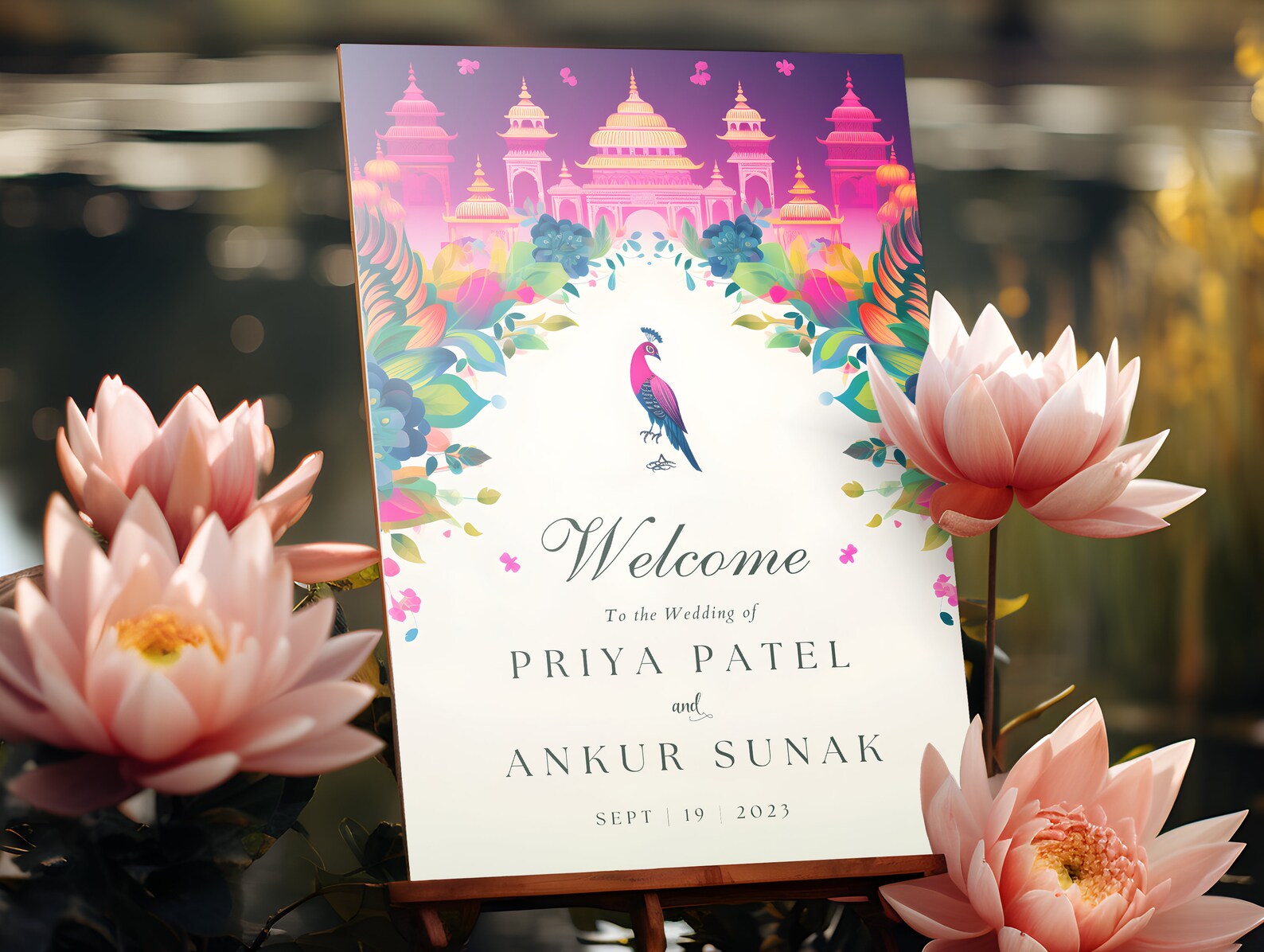 Indian Wedding Sign Majestic Peacocks & Floral Hindu Building ...