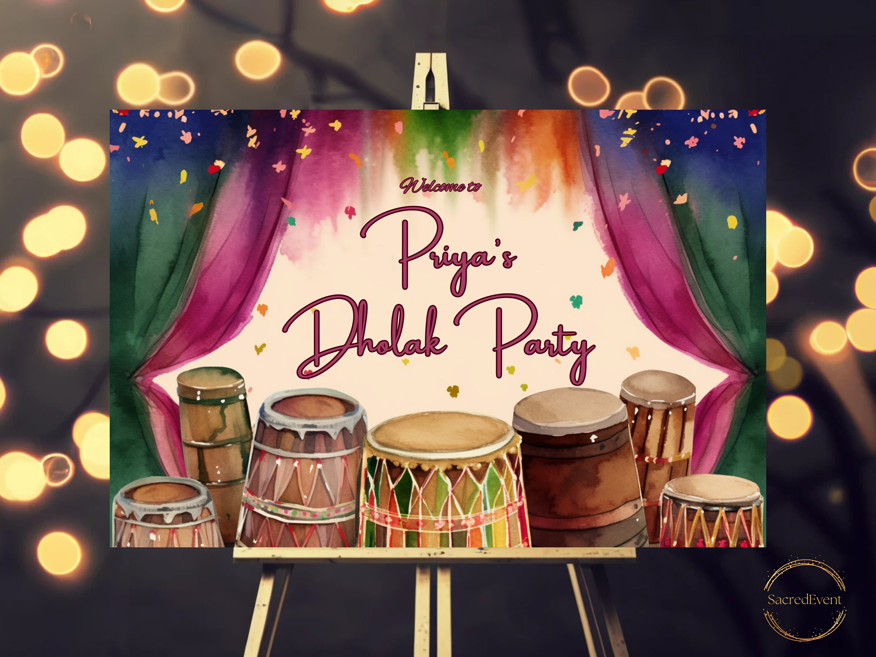 Dholki Night Watercolor Decor Sign, Bespoke Dholak Welcome Signs ...