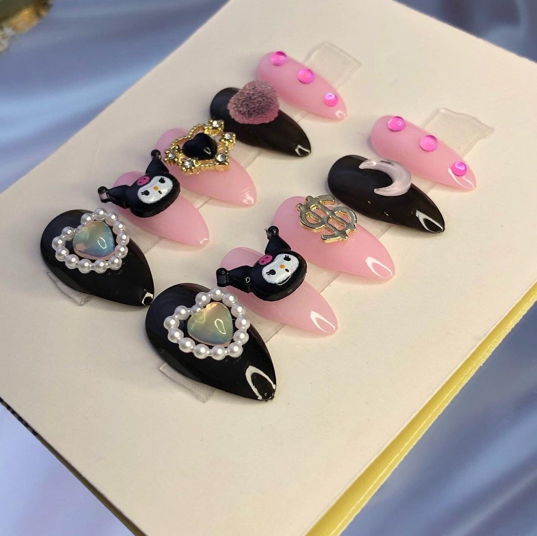 Black and Pink Ku Romi Lolita Y2K Cute Press on Nails Cute - Etsy