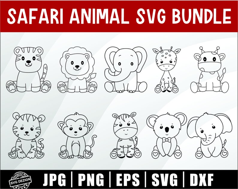 Safari Animals Outline SVG, Cute Africa Jungle Animals, Lion, Tiger ...