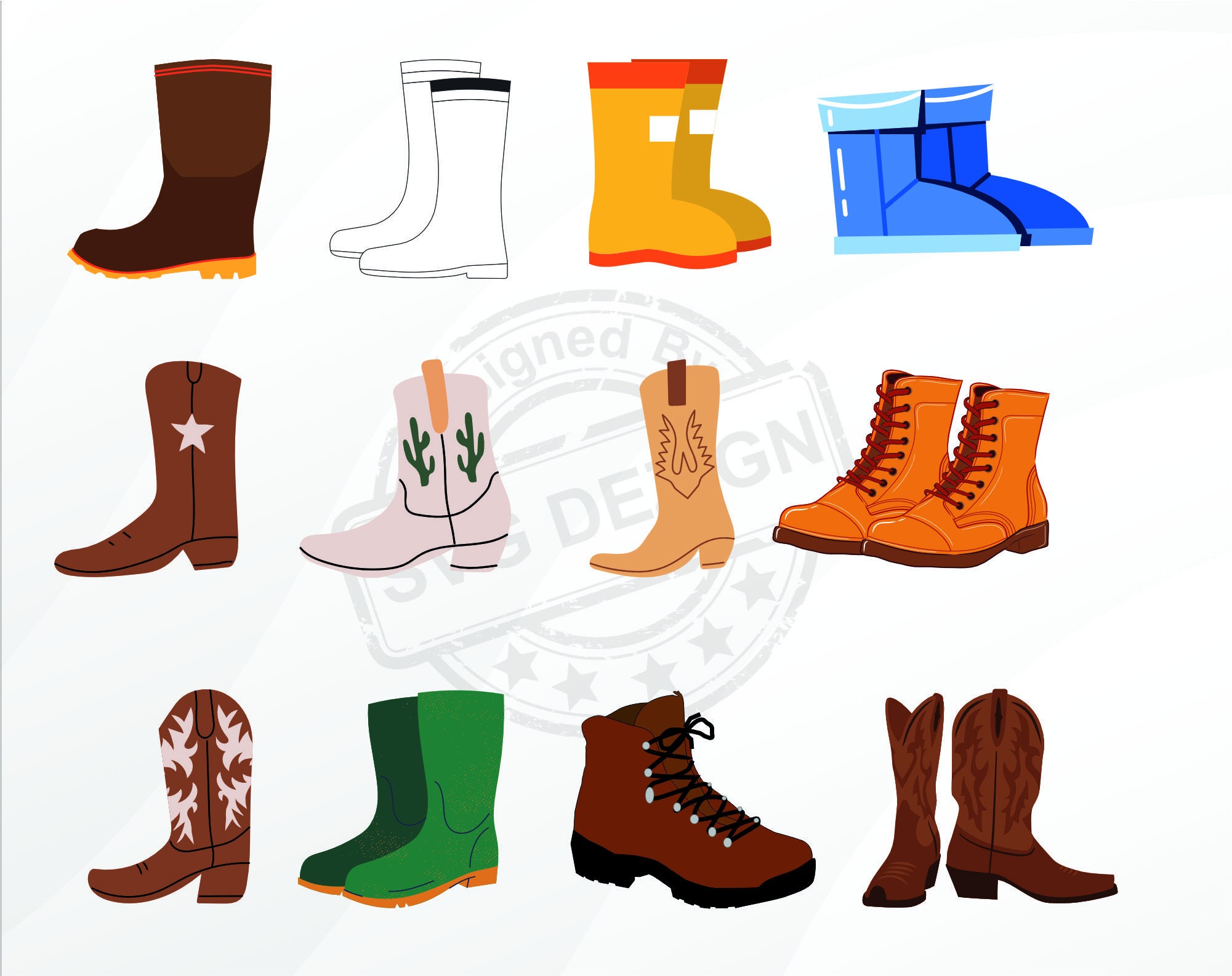 Colored Rain Boots Vector Drawing SVG Set, Color Rubber Boots Graphics ...