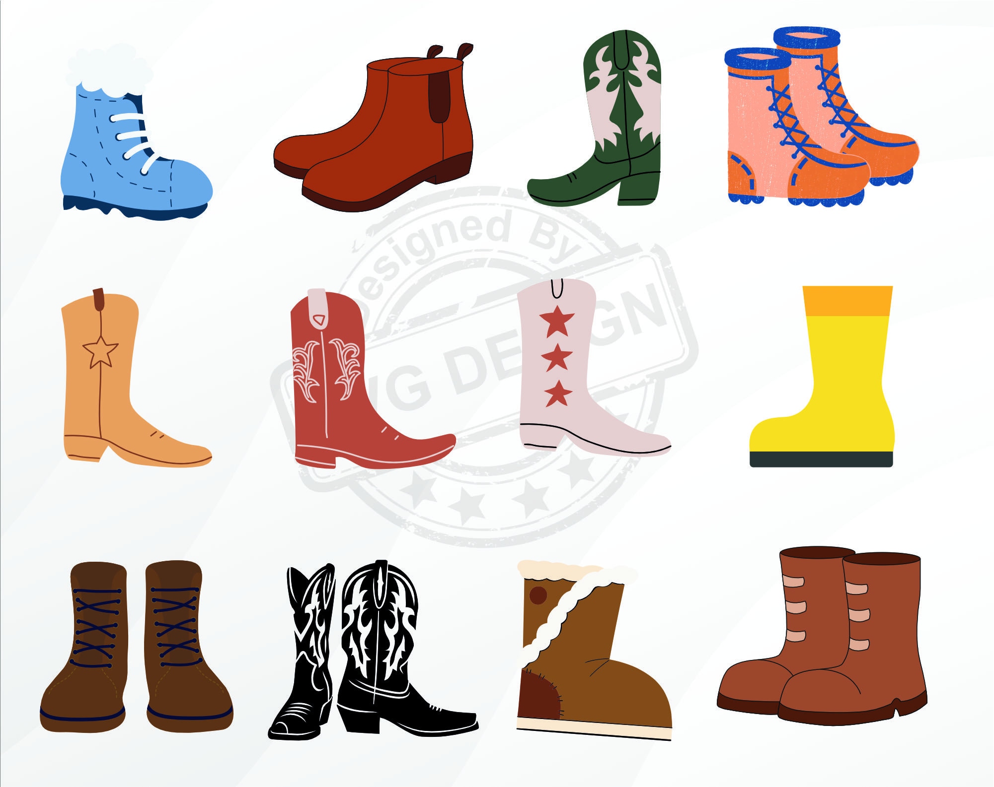 Colored Rain Boots Vector Drawing SVG Set, Color Rubber Boots Graphics ...