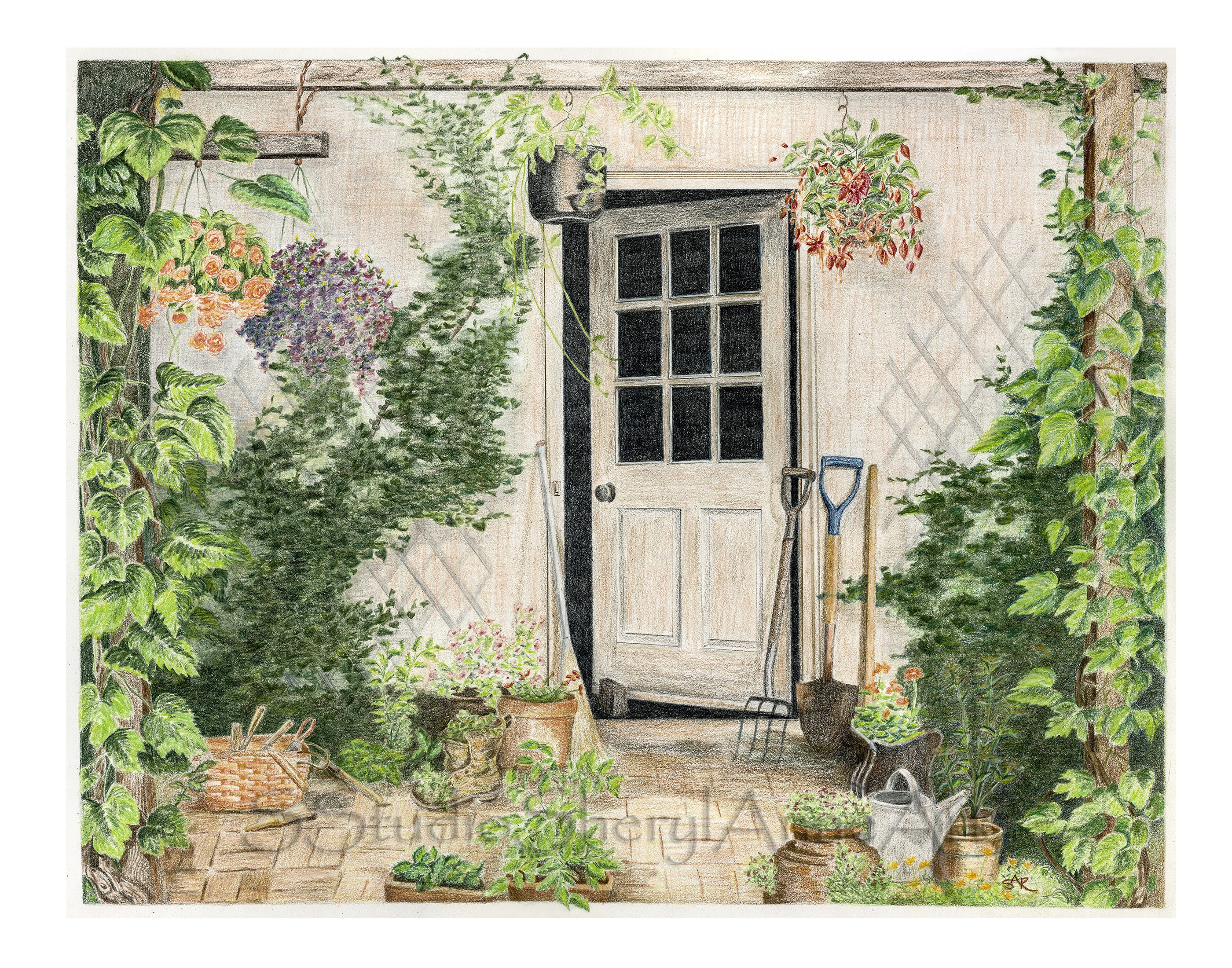 Back Door Garden Art Print: House and Garden Themed Color Pencil ...