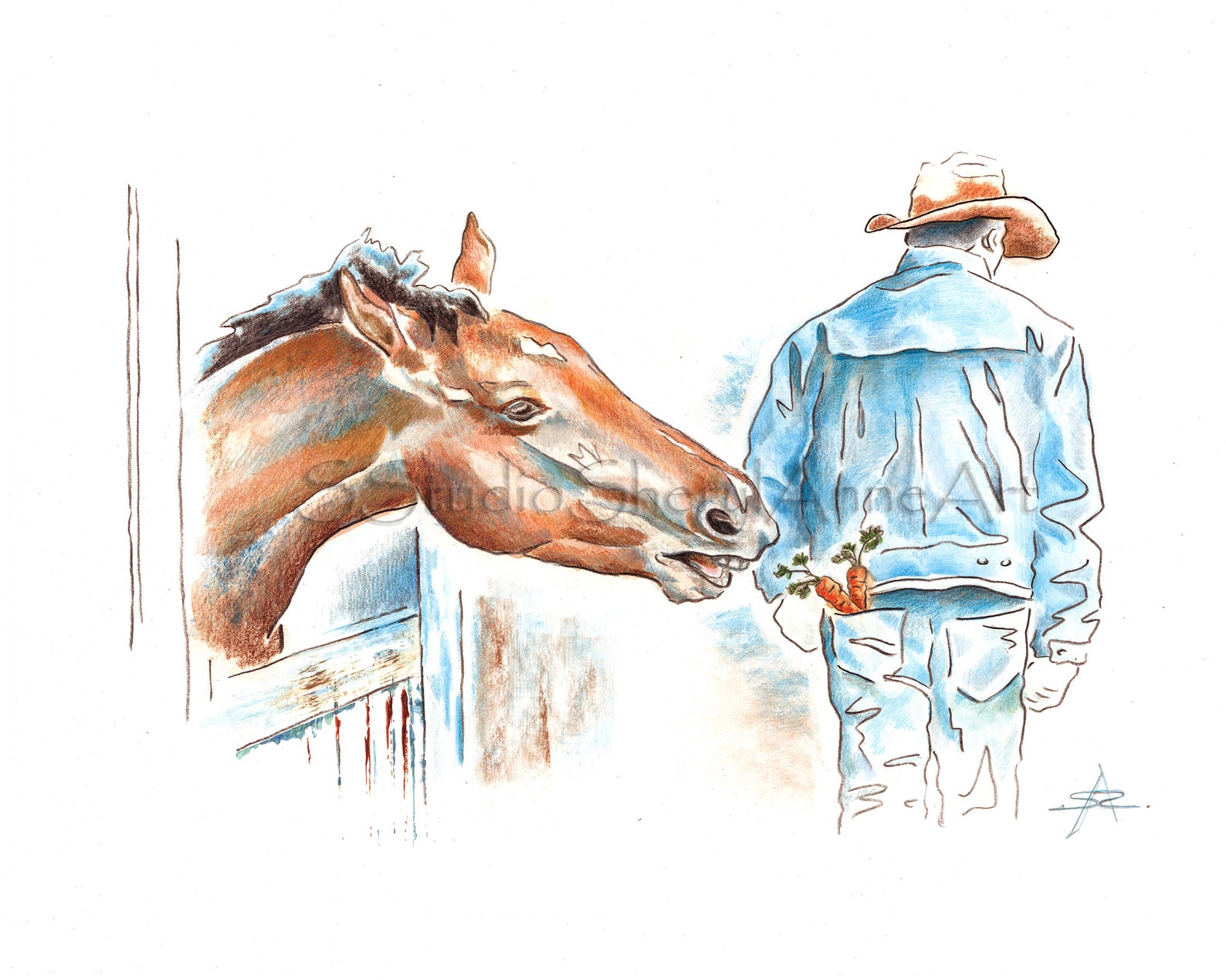 Whimsical Line Art / Horse Colored Pencil Drawing / Horse Snatching ...