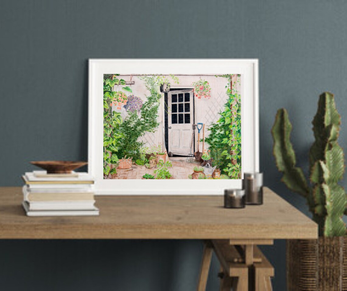 Back Door Garden Art Print: House and Garden Themed Color Pencil ...