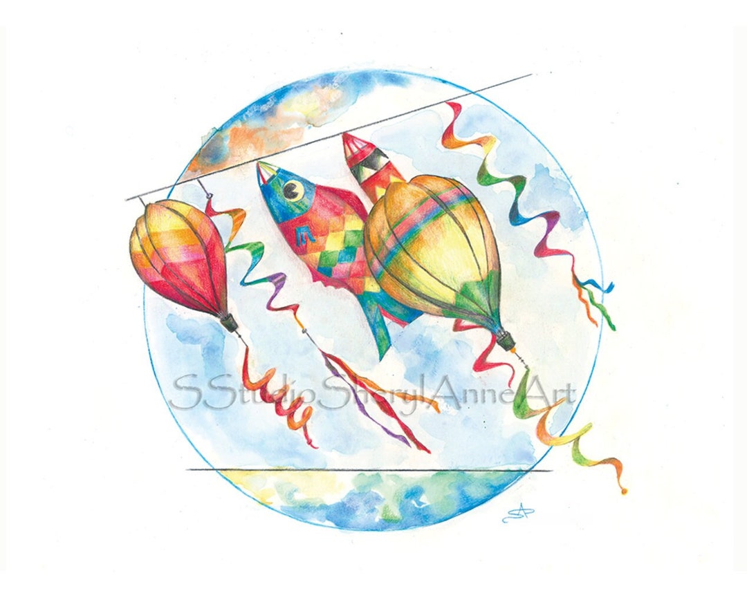 Colorful Wind Socks / Windy Day / Wall Art / Illustration / Home Decor ...
