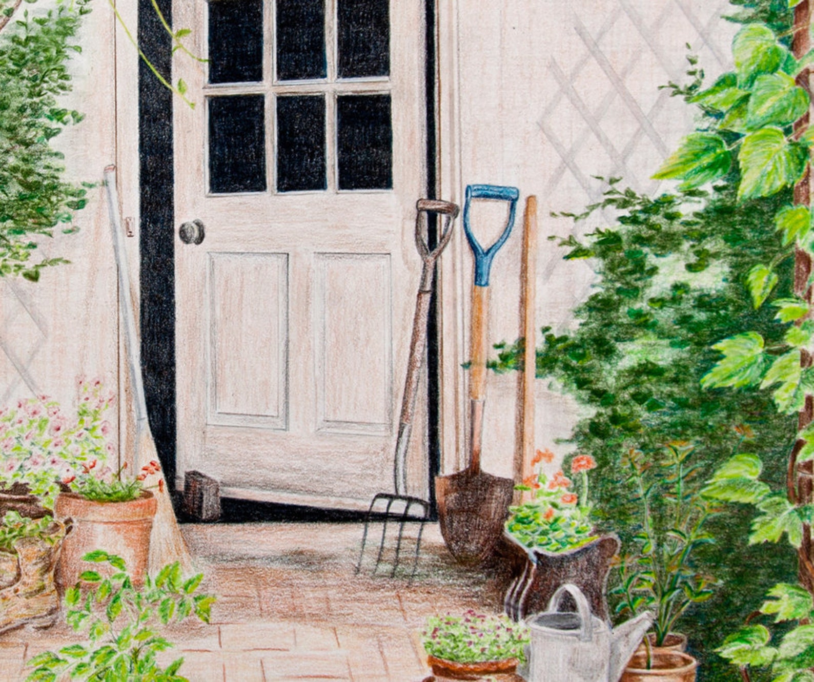Back Door Garden Art Print: House and Garden Themed Color Pencil ...
