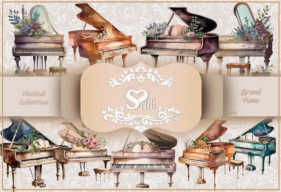 Musical Collection Grand Piano Pack 2, Antique Digital Paper, Vintage ...