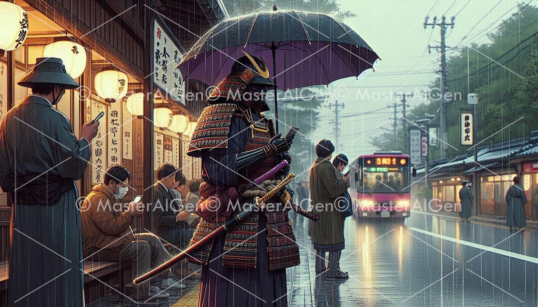 Samurai_061: Samurai Waiting for a Bus. Digital Art, AI Generated ...