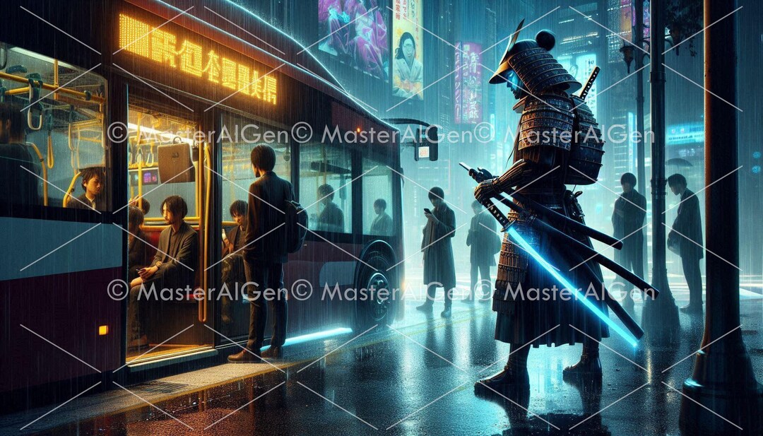 Samurai_006: Samurai Waiting for Bus. Digital Art, AI Generated ...