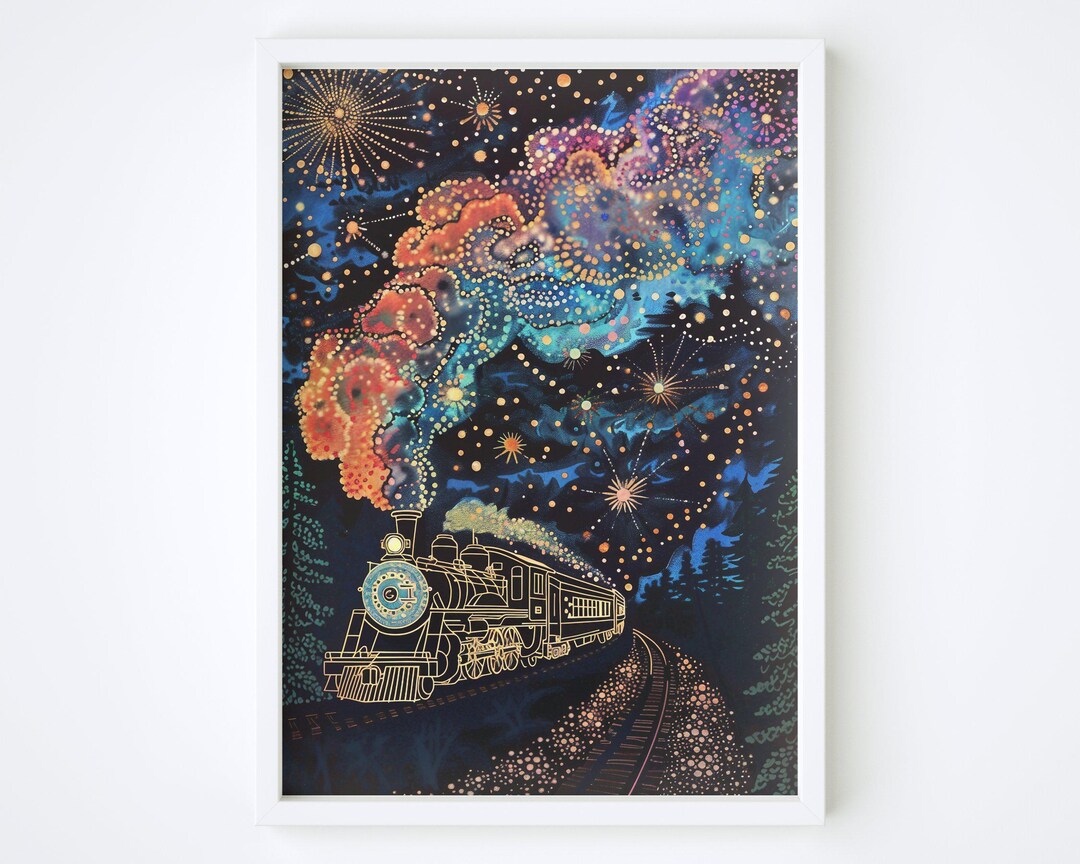 Steam Locomotive Wall Art, Vintage Train Digital Print, Night Sky Train ...
