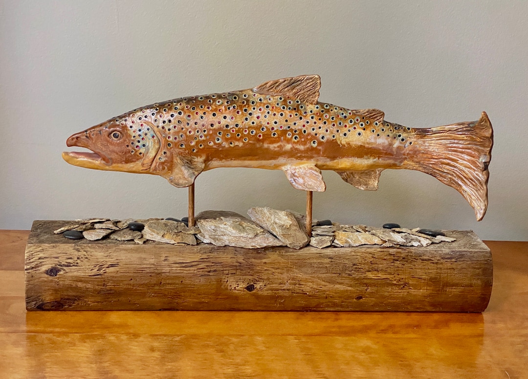 Sculpture of Brown Trout, Mixed Media: Clay, Wood, Stone, Glaze ...