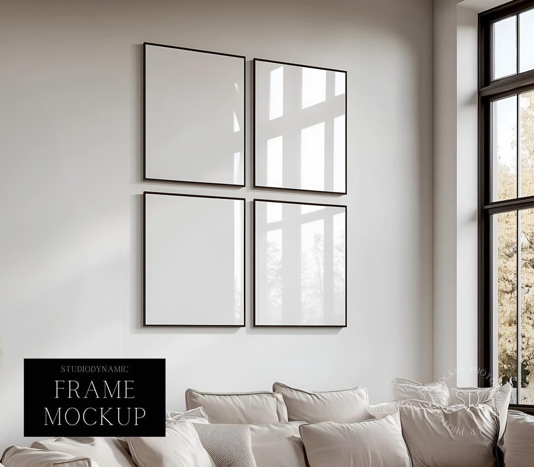 4 Vertical Frame Mockup - 4 Gallery Frame With Glass Reflection - 27X36 ...