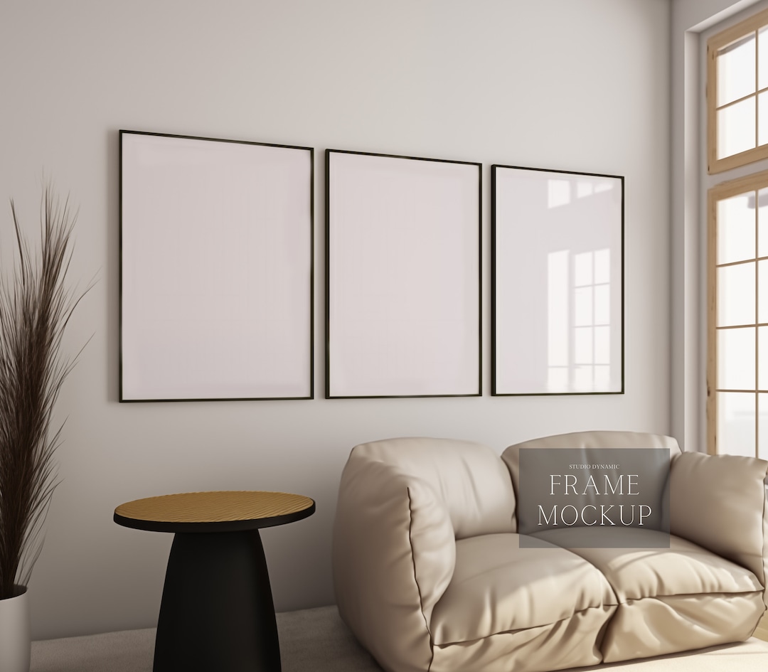 3 Frame Living Room Interior Mockup - Art Display With Reflection - PSD ...