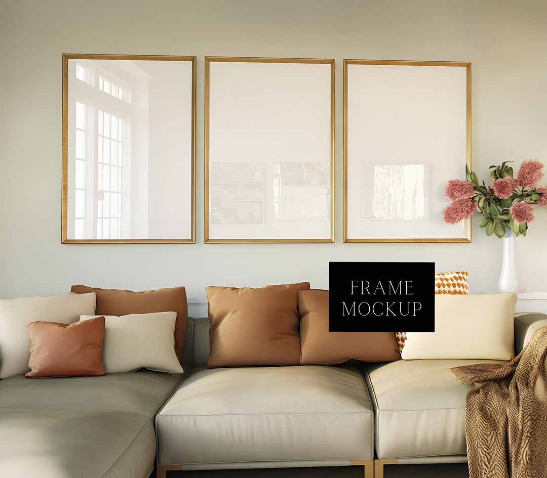 3 Vertical Frame Art Display Mockup - Living Room Interior With Glass ...