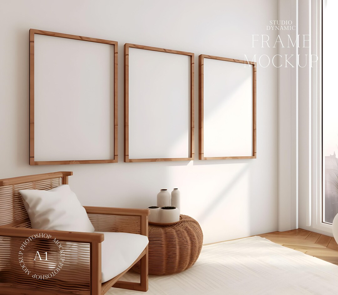 3 Frame Natural Light Mockup - Wooden Frame Living Room Mockup - Boho ...