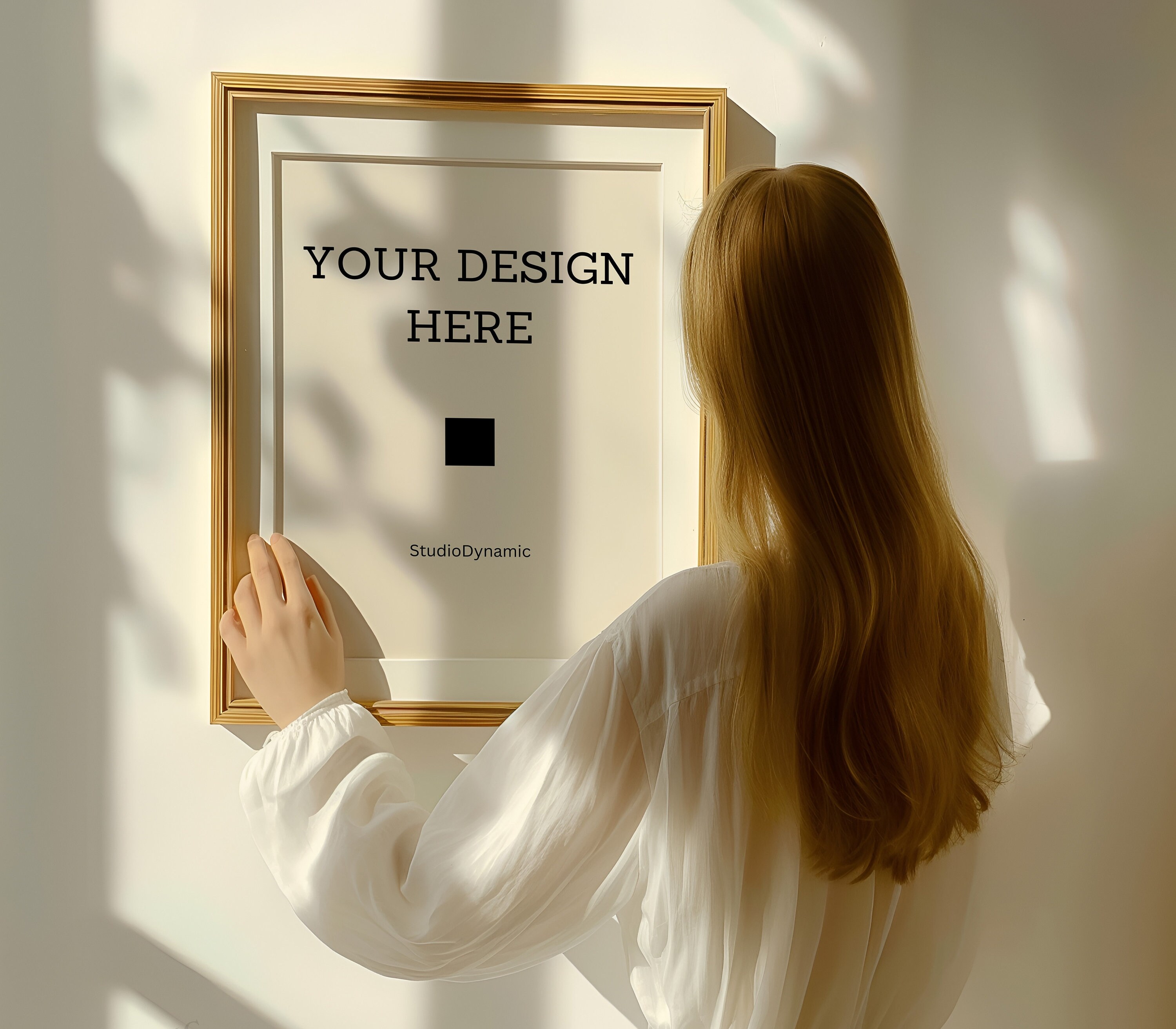 Single Frame Mockup With Person - Vertical Wood Frame - Poster Print ...