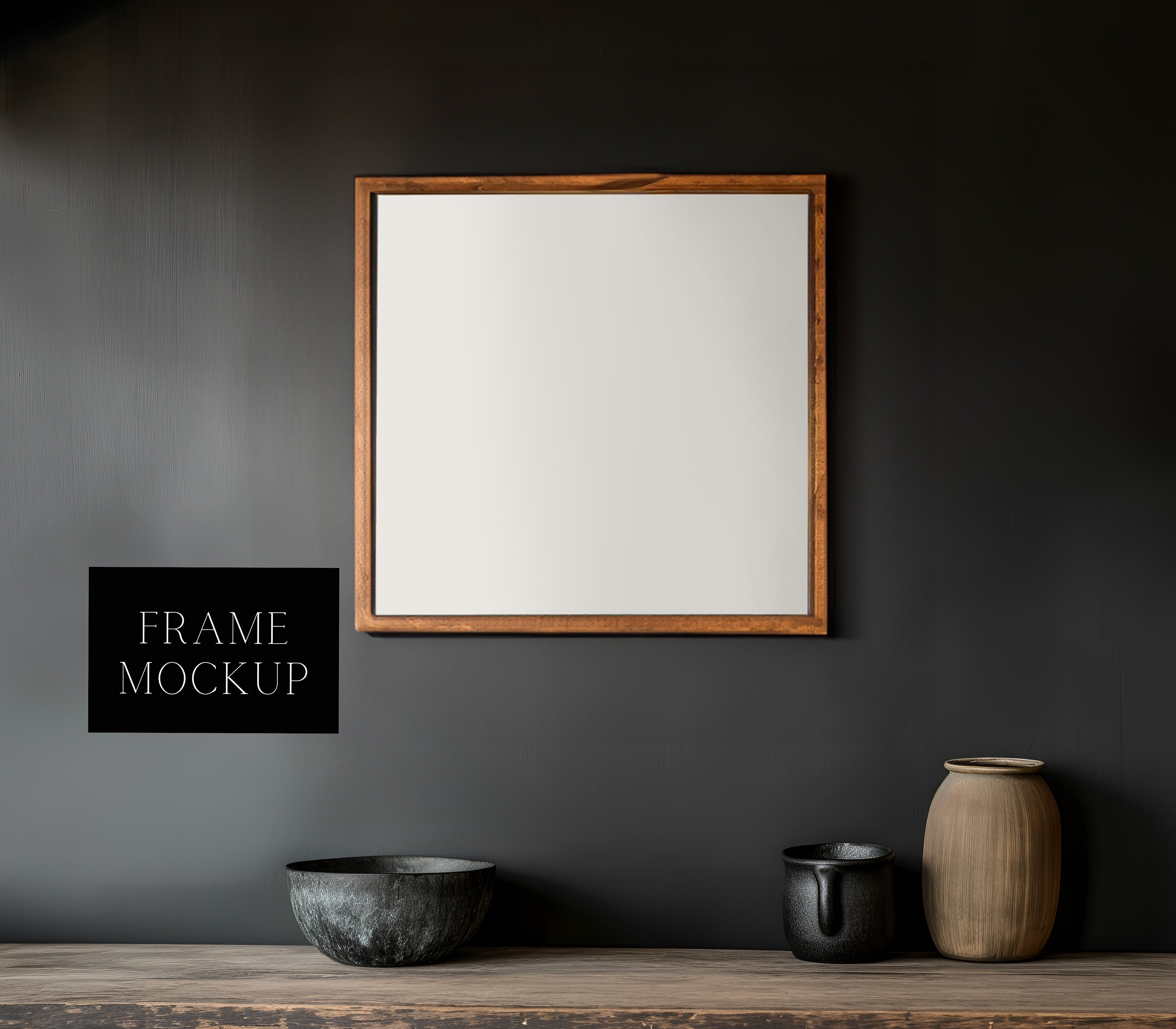 Single Square Frame Mockup - Black Wall Poster Mockup - Wooden Frame ...