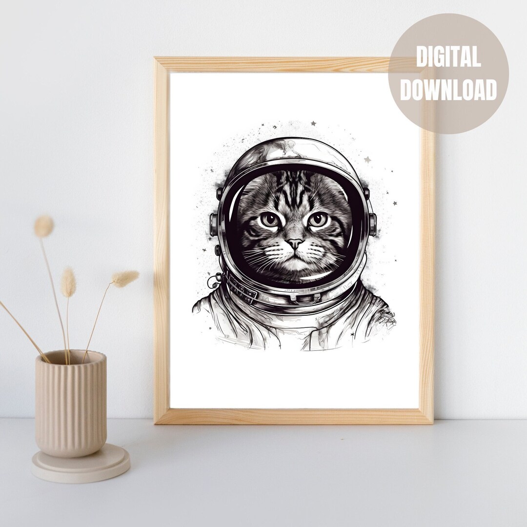 Cat Astronaut Printable Wall Art, Cat Lover Decor, Cat Printable Wall Art, Black White Astronaut ...