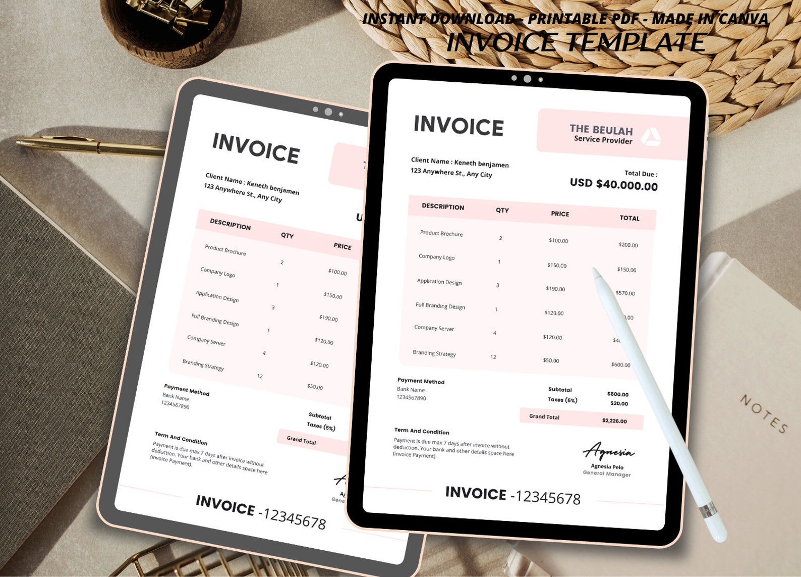 Cream Clean Business Invoice, Canva Invoice Template, Printable ...