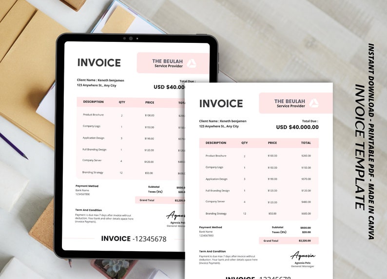 Cream Clean Business Invoice, Canva Invoice Template, Printable ...