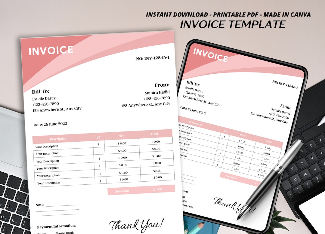 Pink Invoice Template, Printable Business Invoice, Digital Canva ...