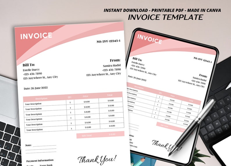 Pink Invoice Template, Printable Business Invoice, Digital Canva ...