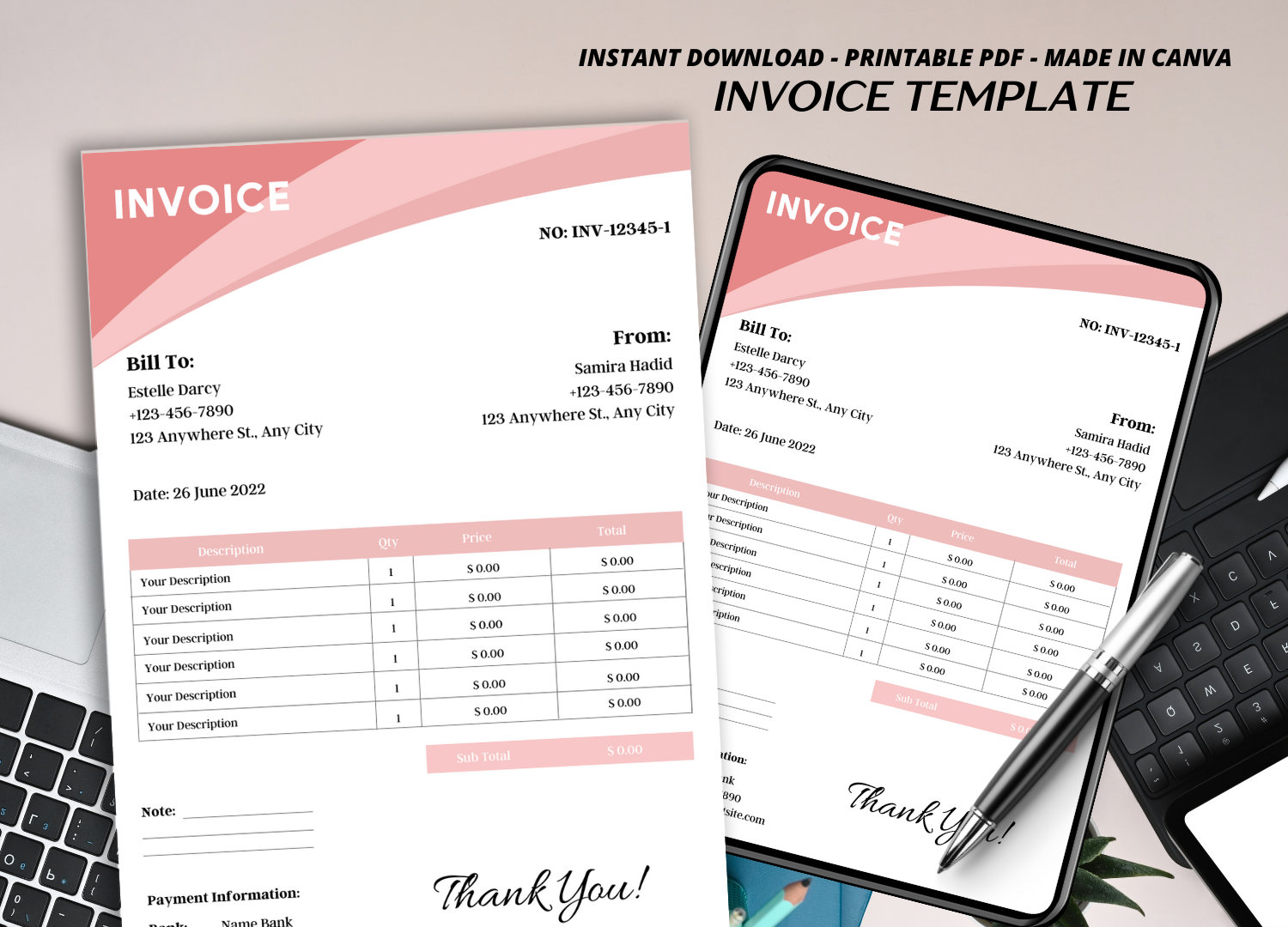 Pink Invoice Template, Printable Business Invoice, Digital Canva ...