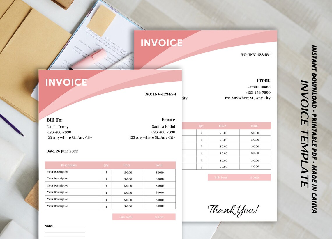 Pink Invoice Template, Printable Business Invoice, Digital Canva ...