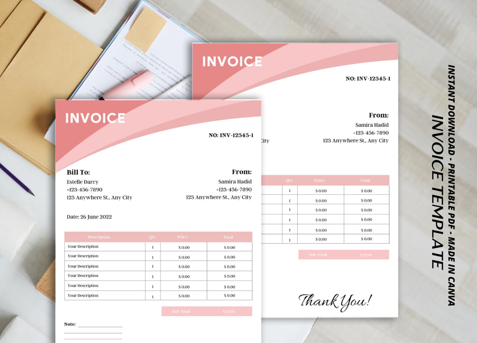 Pink Invoice Template, Printable Business Invoice, Digital Canva ...