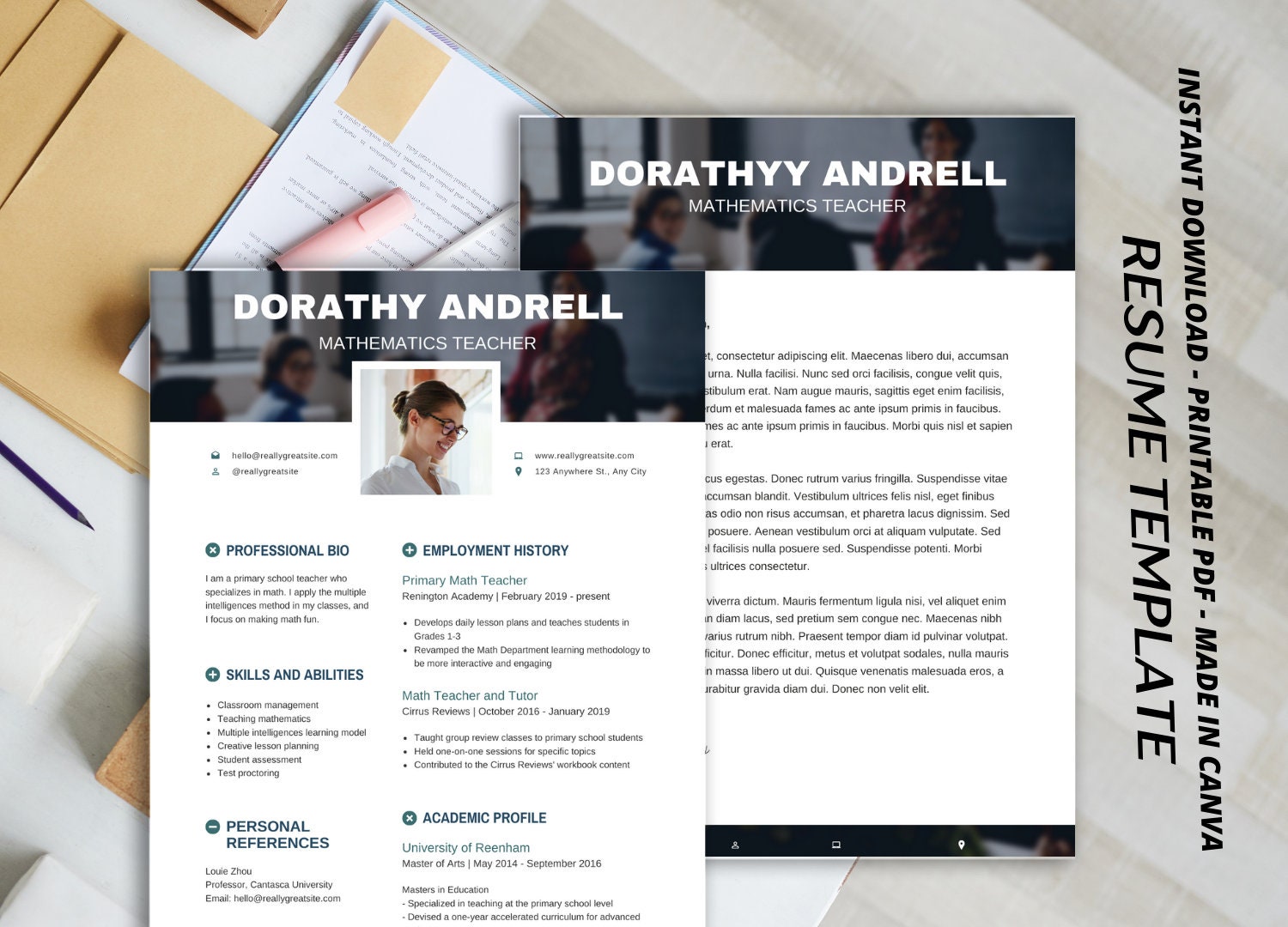 Teacher Resume Template, Modern Professional Resumetemplates, 2 Page ...