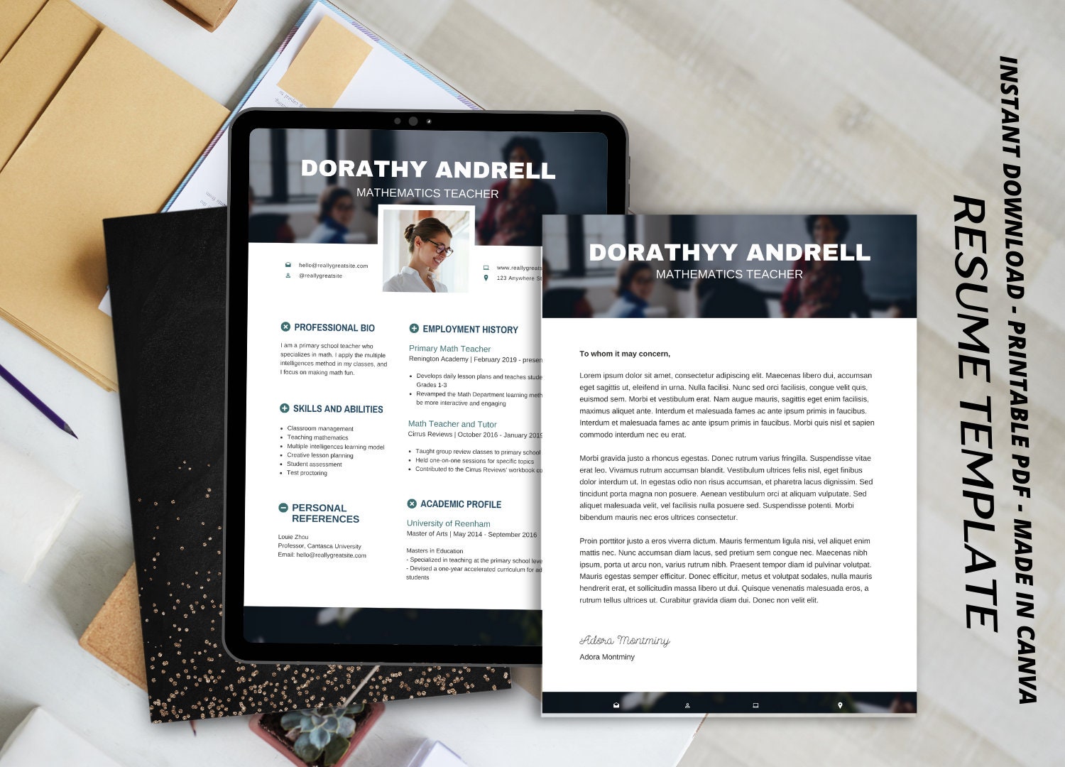 Teacher Resume Template, Modern Professional Resumetemplates, 2 Page ...