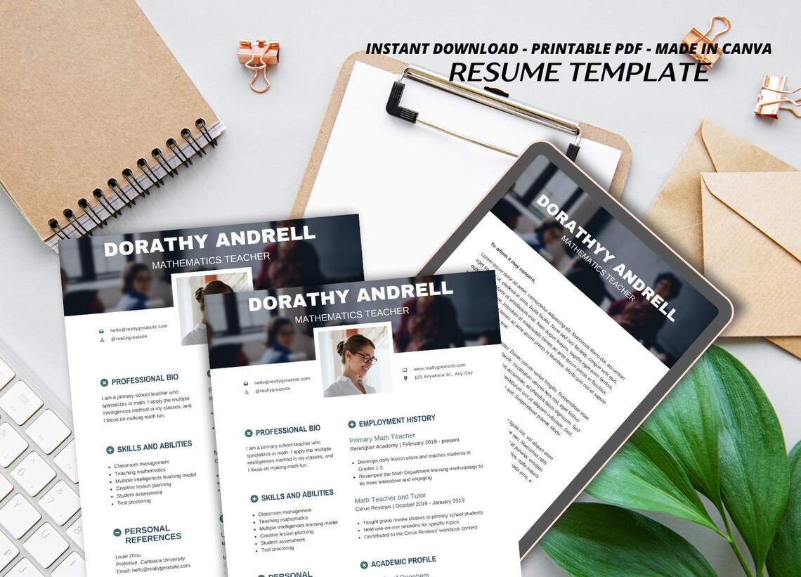 Teacher Resume Template, Modern Professional Resumetemplates, 2 Page ...