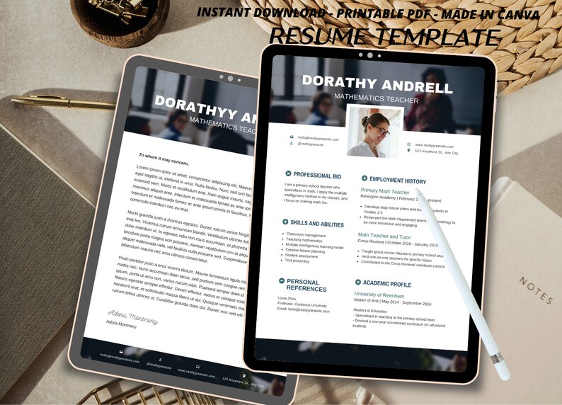 Teacher Resume Template, Modern Professional Resumetemplates, 2 Page ...